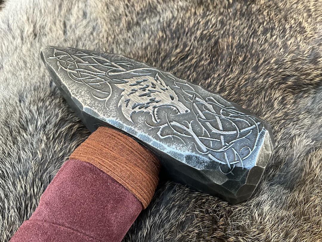 Fenrir Viking Hammer Wolf and Celtic Knot Hand Engraved Renaissance ...