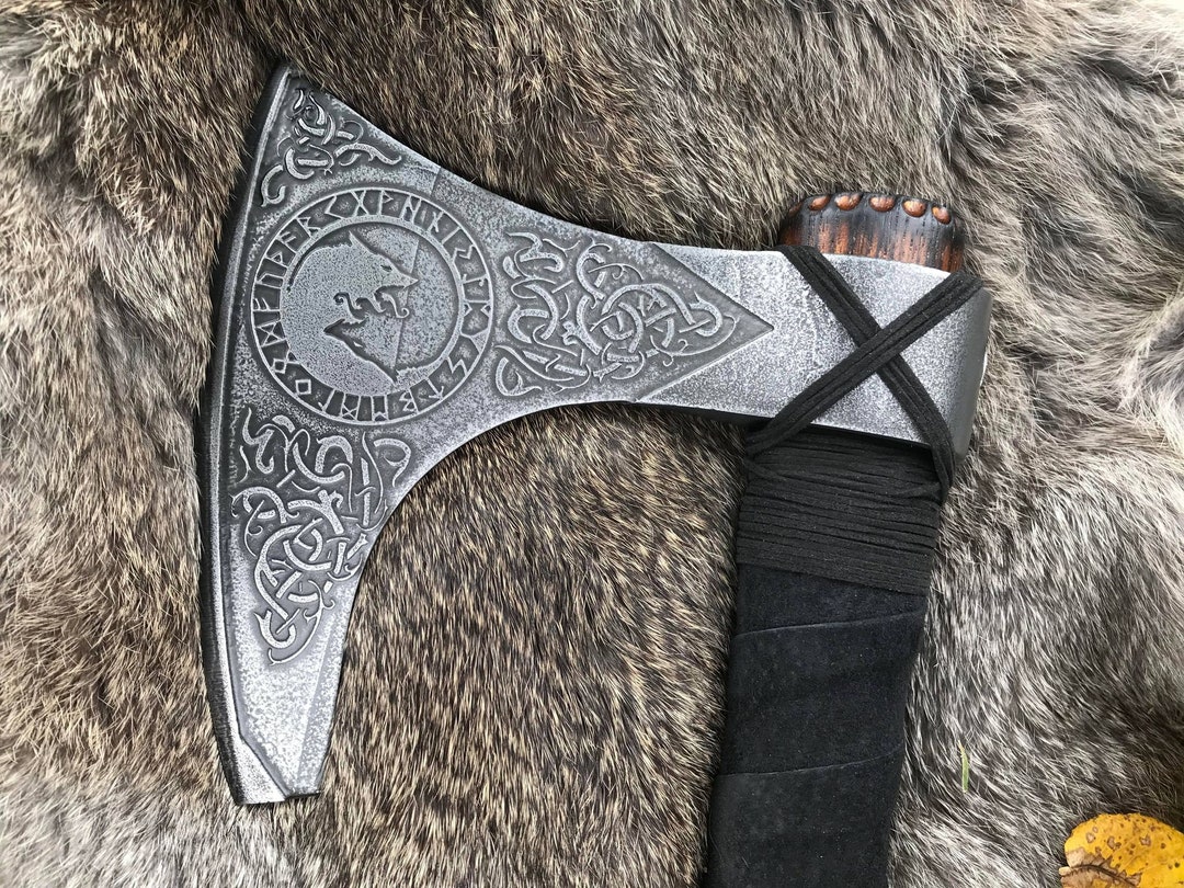 Viking Hand Axe Engraved Wolves Skoll and Hati Bearded Carbon Steel Axe ...