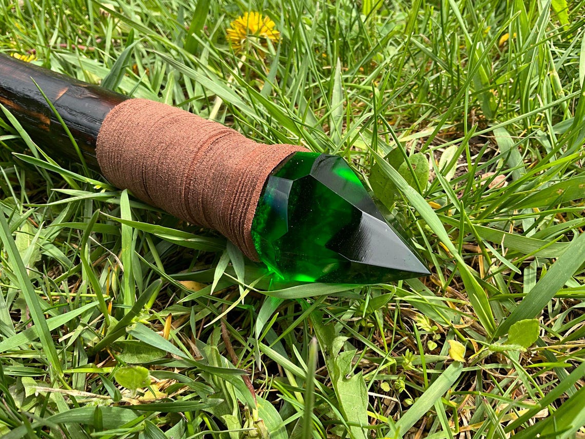 Earth Wizard Staff Solid Oak Green Resin Gem Walking Stick Renaissance ...