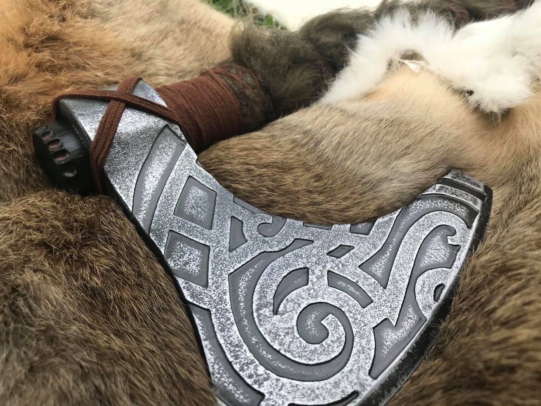 Skyrim Inspired Axe Viking Hand Axe Leather Wrap Fur Rustic Engraved ...