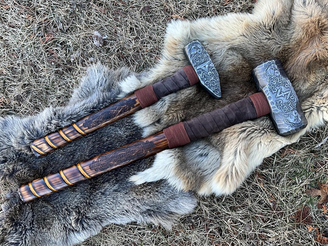 Viking Ram Hammer Set Hand Painted Carved and Engraved Norse Rune ...