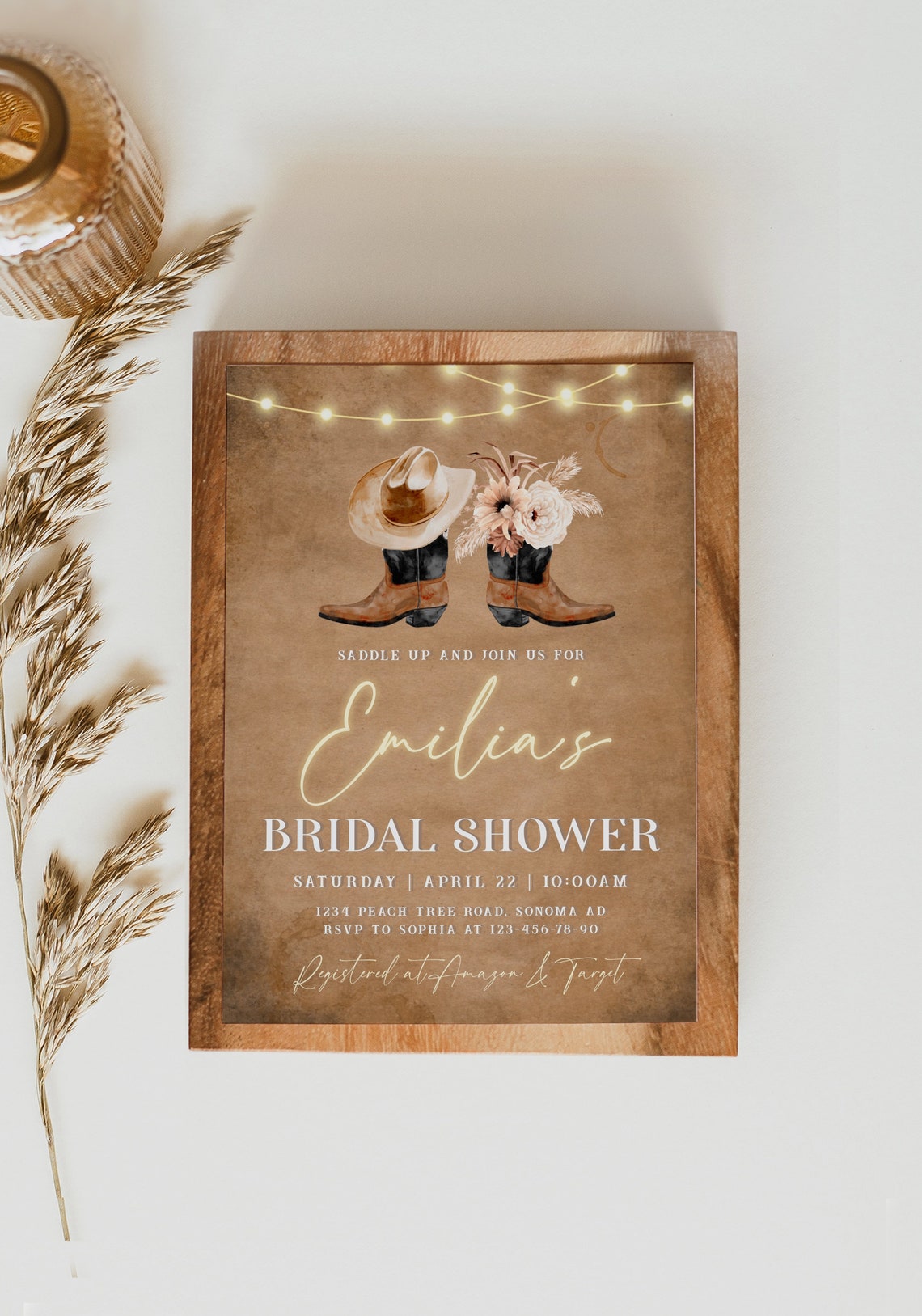 Country Western Bridal Shower Invitation Template, Pampas Floral ...