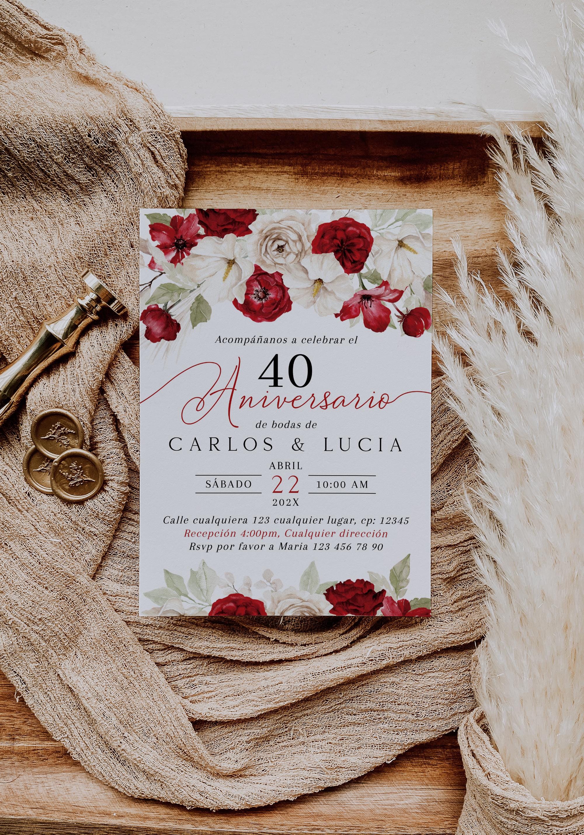 Modern 40th Wedding Anniversary Invite Spanish Template With Ruby White Wildflowers, Invitación ...