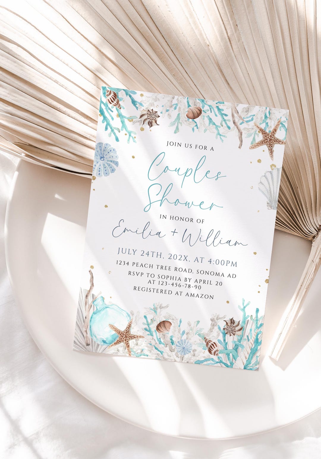 Beach Couples Shower Invitation Template, Blue Coral & Tan Sea Shells ...