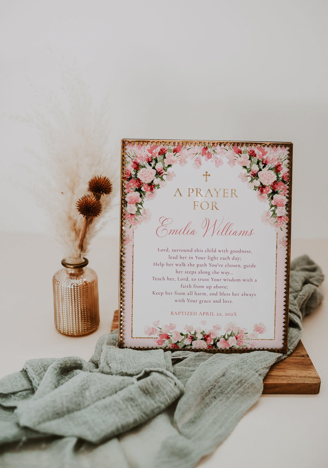 Personalized Baptism Sign Printable, Pink Gold Baptism Prayer Card With ...