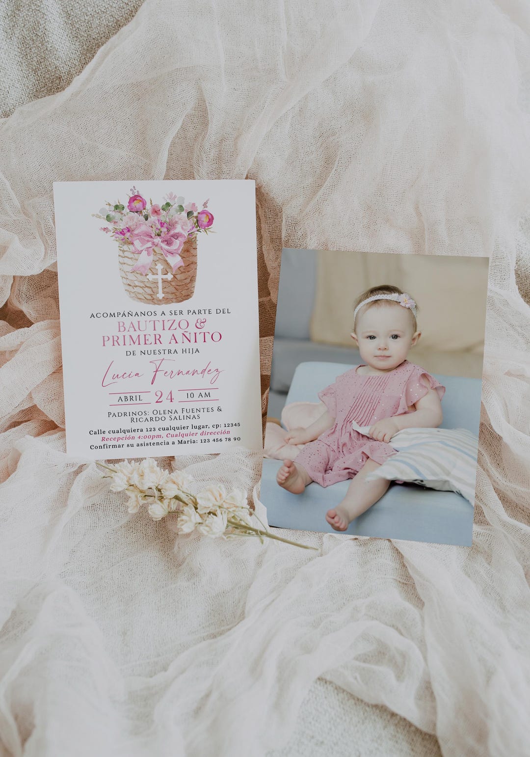 Baptism & 1st Birthday Girl With Bow Basket Pink Flowers Invitation ...