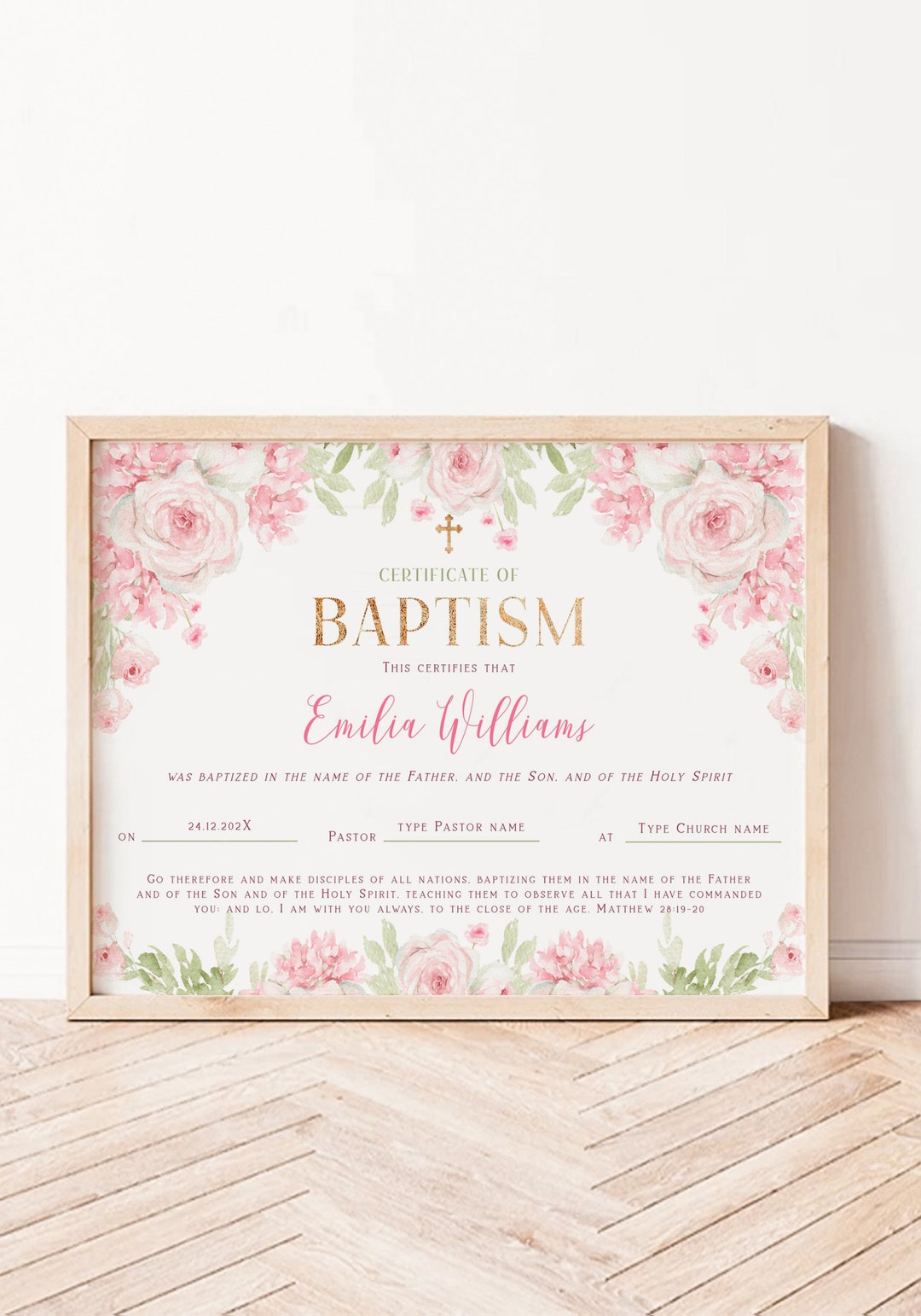 Baby Dedication Baptism Certificate Template, Pink Baptism Girl Gift ...