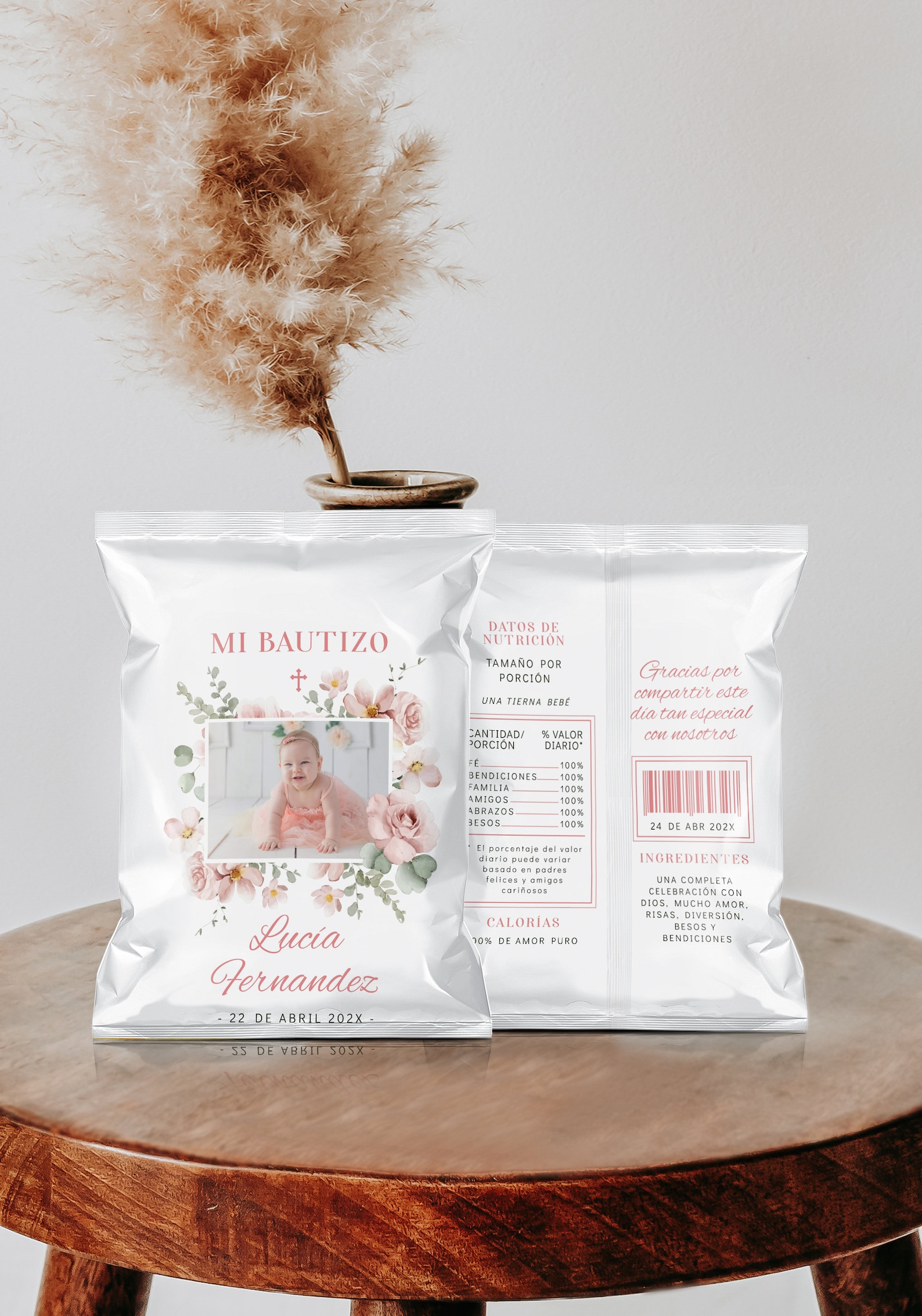 Baptism Girl Chip Bag Wrappers Spanish Template: Modern Floral Decor ...