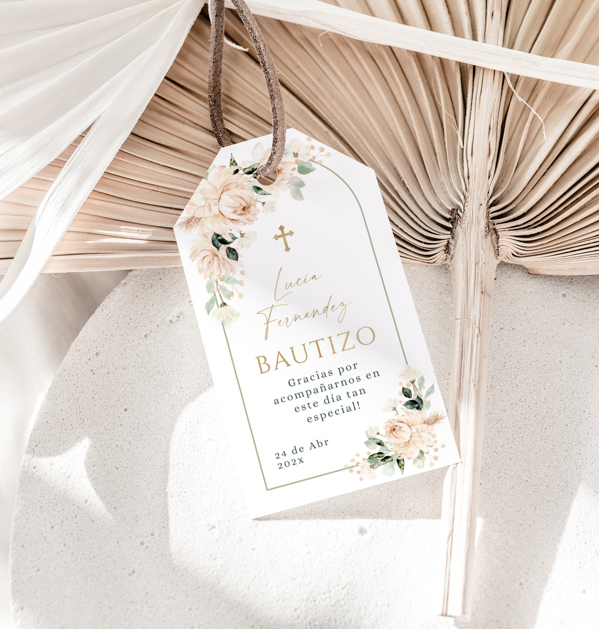 Boho White Floral Baptism Girl Favor Tags in Spanish, Etiquetas Flores ...