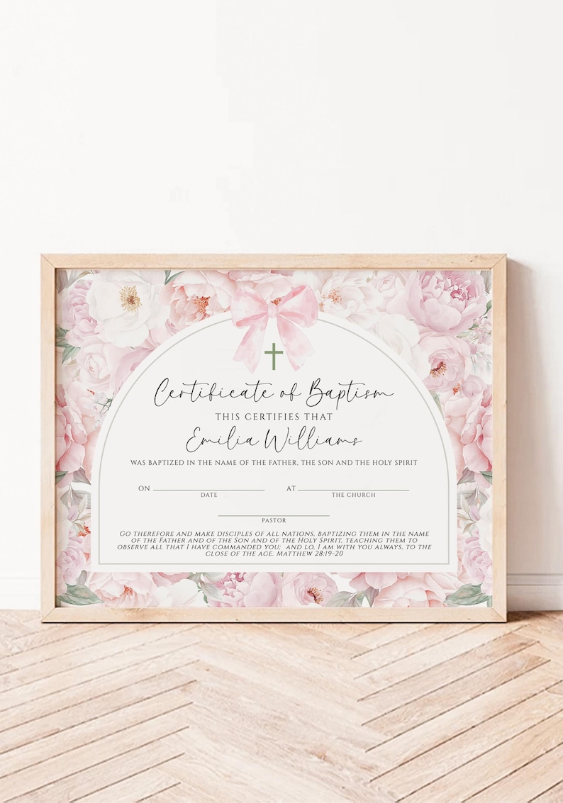 Certificate of Baptism Printable, Boho Blush Pink Peonies & Bow Church ...