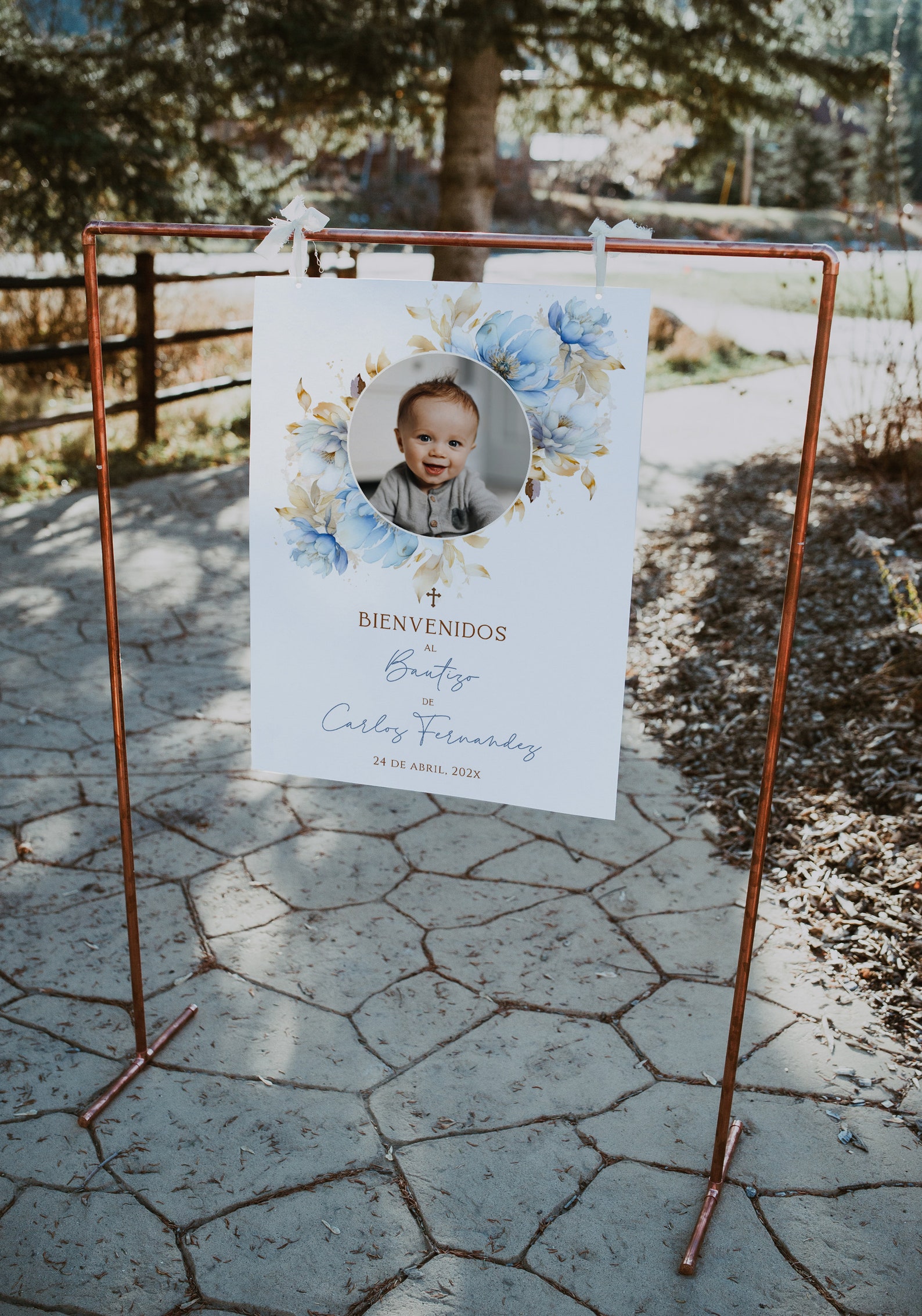 Floral Blue Baptism Welcome Sign With Photo Printable in Spanish ...