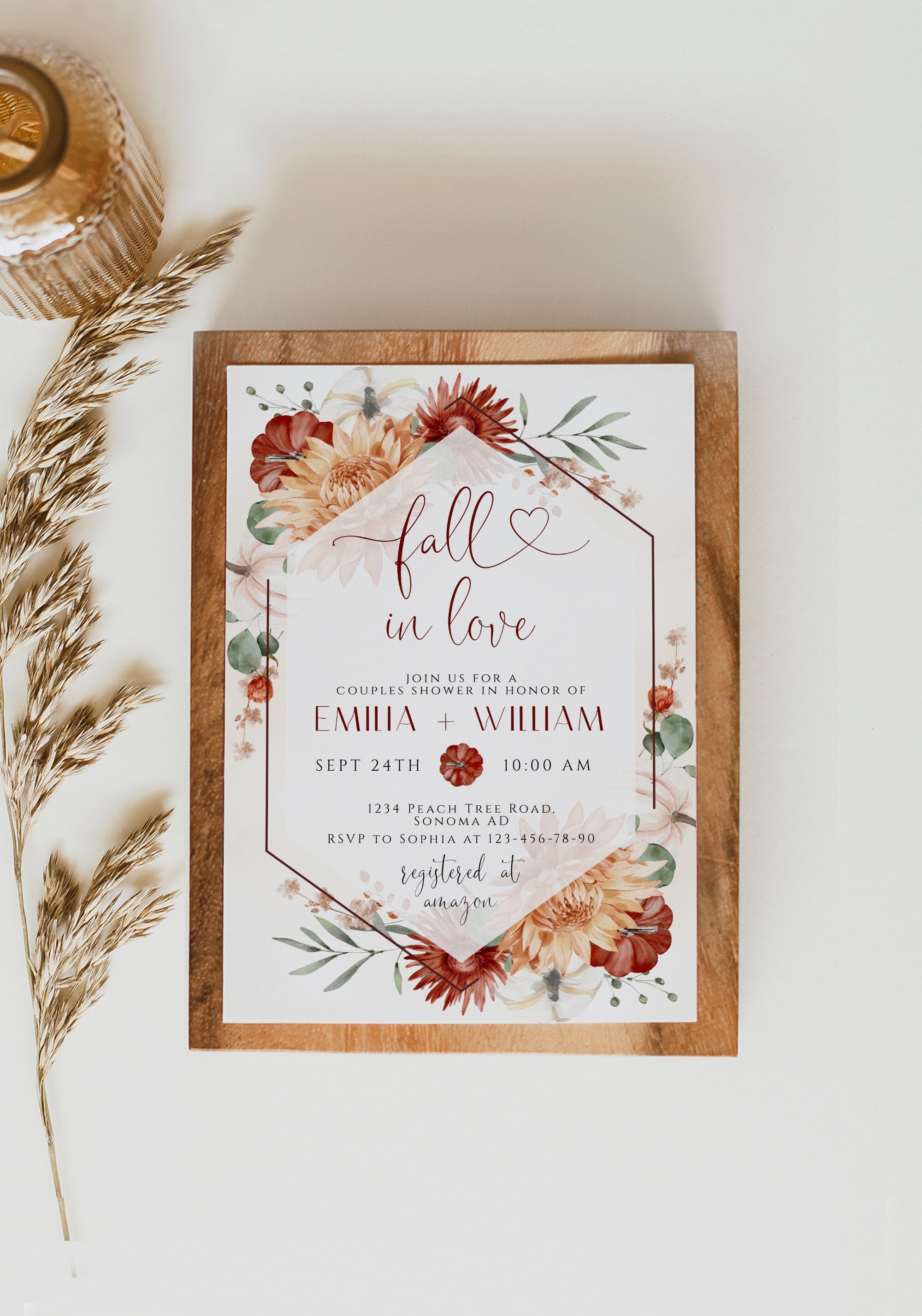 Fall in Love Bridal Party Invite, Autumn Burnt Orange Flowers Editable ...