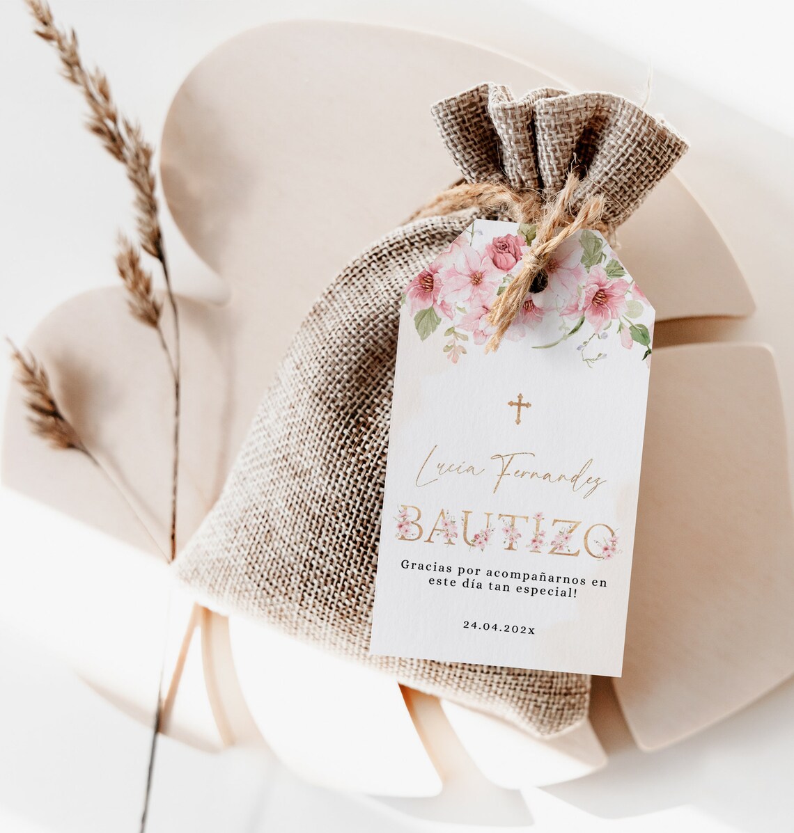Boho Pink Floral Christening Favor Tags in Spanish, Mi Bautizo Cruz ...