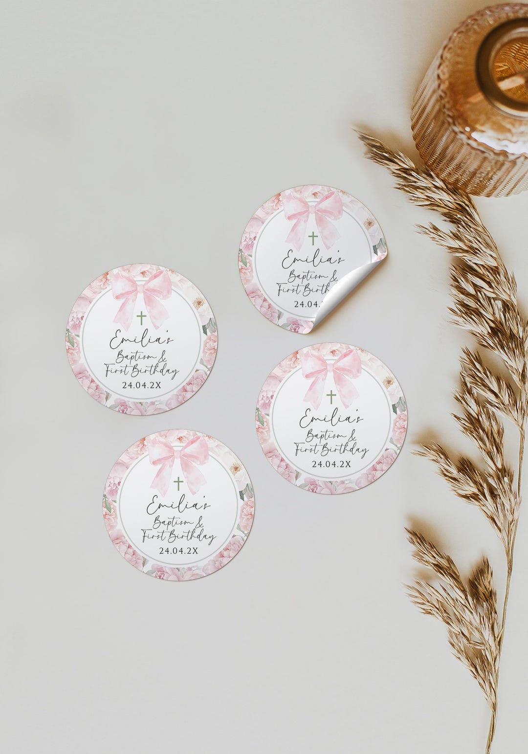 Personalised Round Baptism & First Birthday Girl Stickers Printable ...