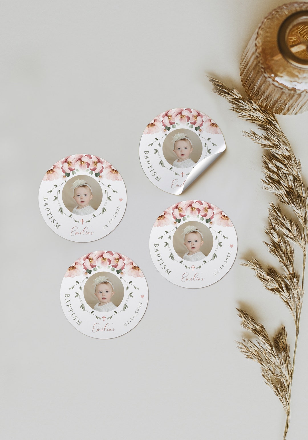 Editable Personalised Round Christening Stickers, Watercolor Pink Peony ...