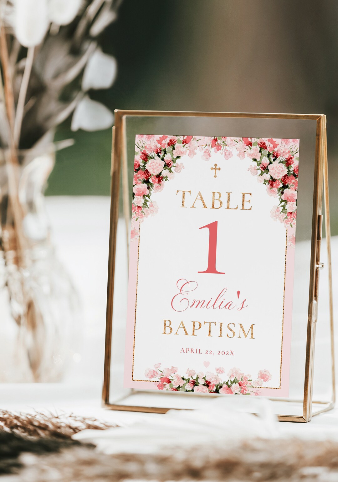 Toned Pink Frame With Watercolor Flowers Baptism Tables Number Template ...