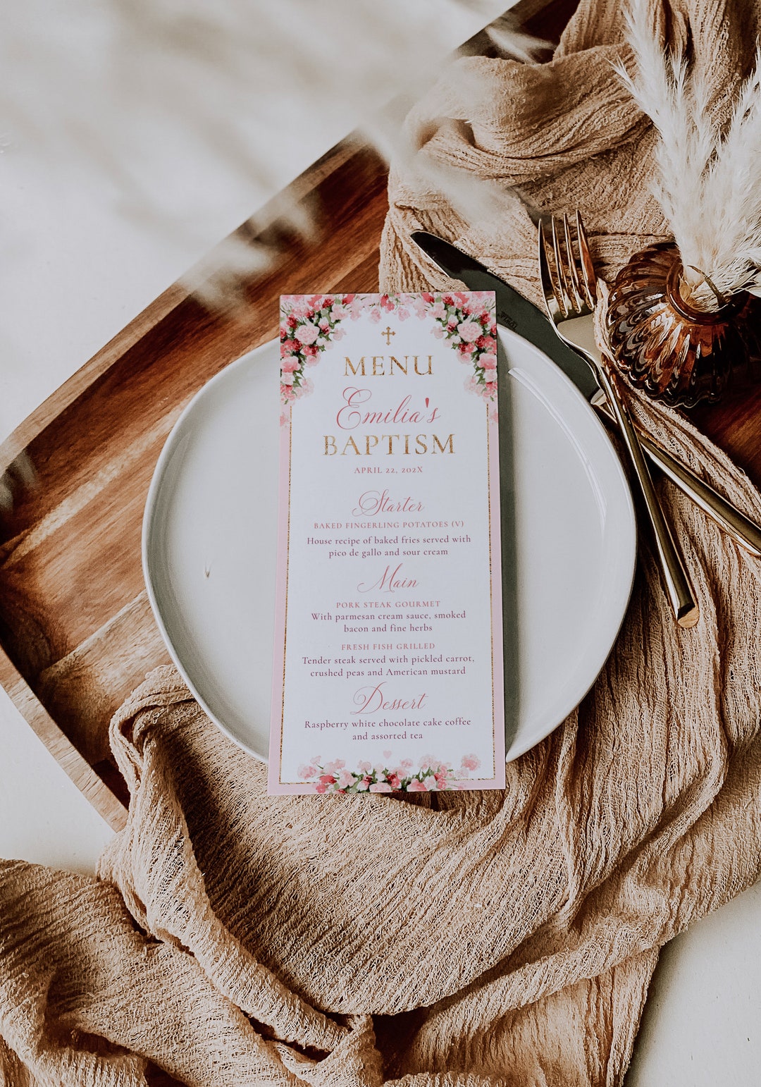 Baptism Menu With Hot Pink Floral Frame Template, Personalised ...