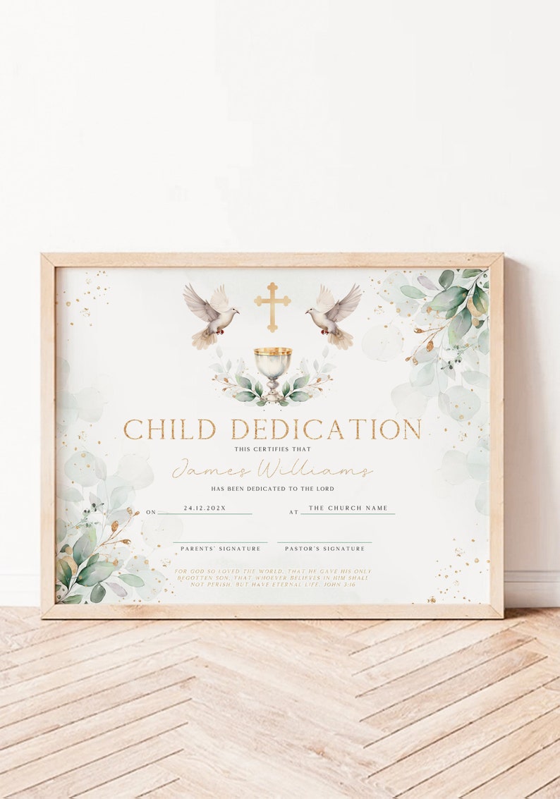 Child Dedication Certificate Template, Boho Neutrals Gold Greenery ...