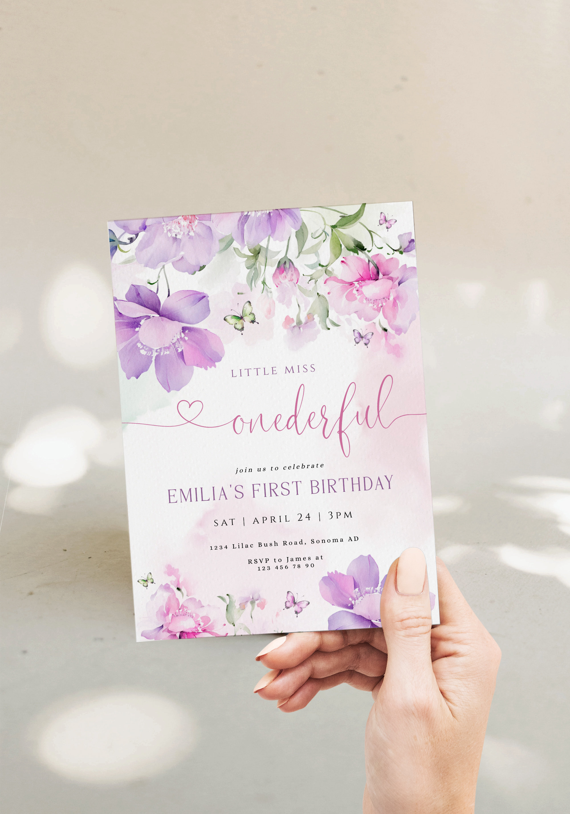 Editable Little Miss Onederful Birthday Invitation, Pink Lilac Flowers ...