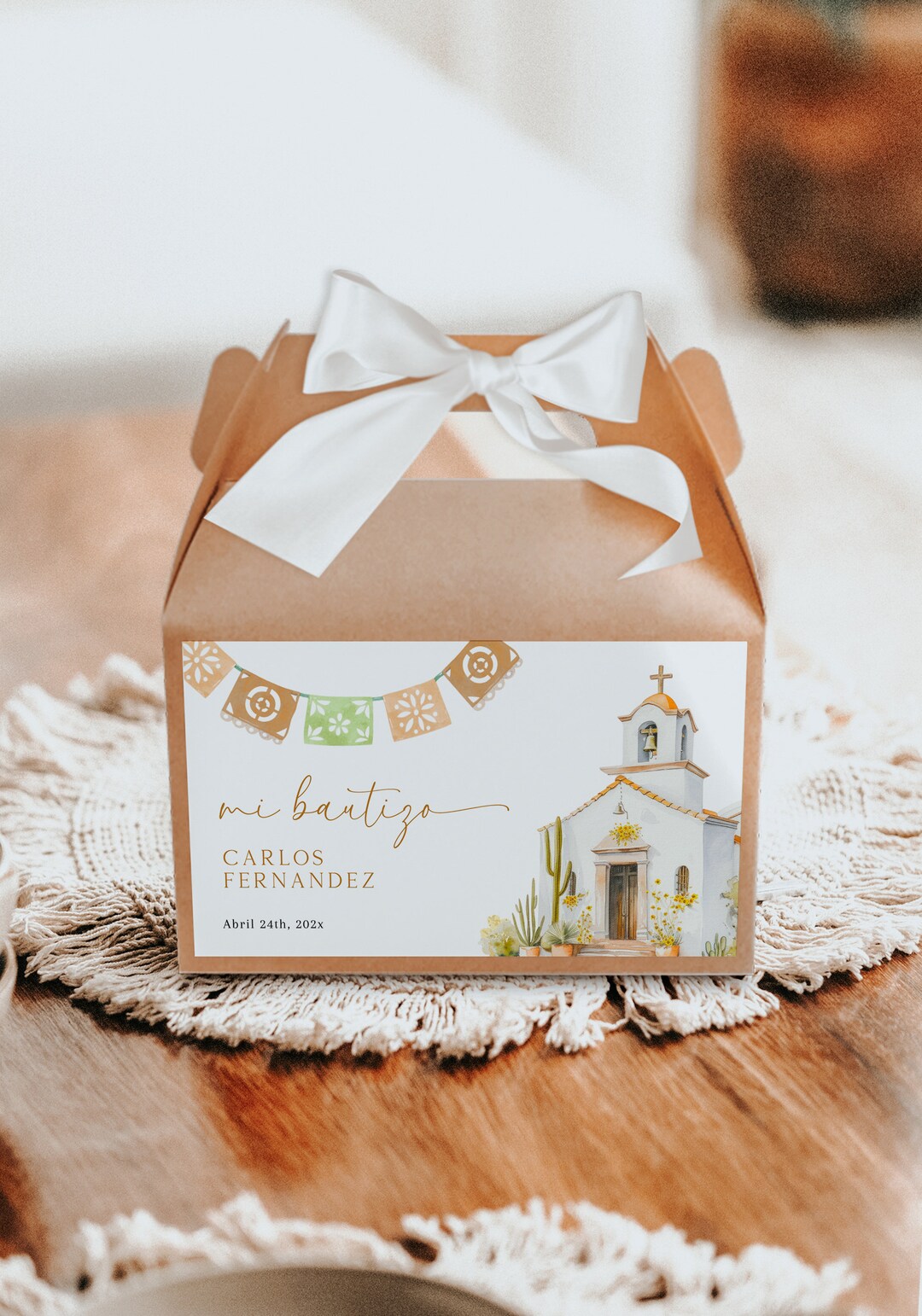 Editable Baptism Boy Girl Gable Box Label in Spanish, Cactus, Church, Flowers Baptism Gable Box ...