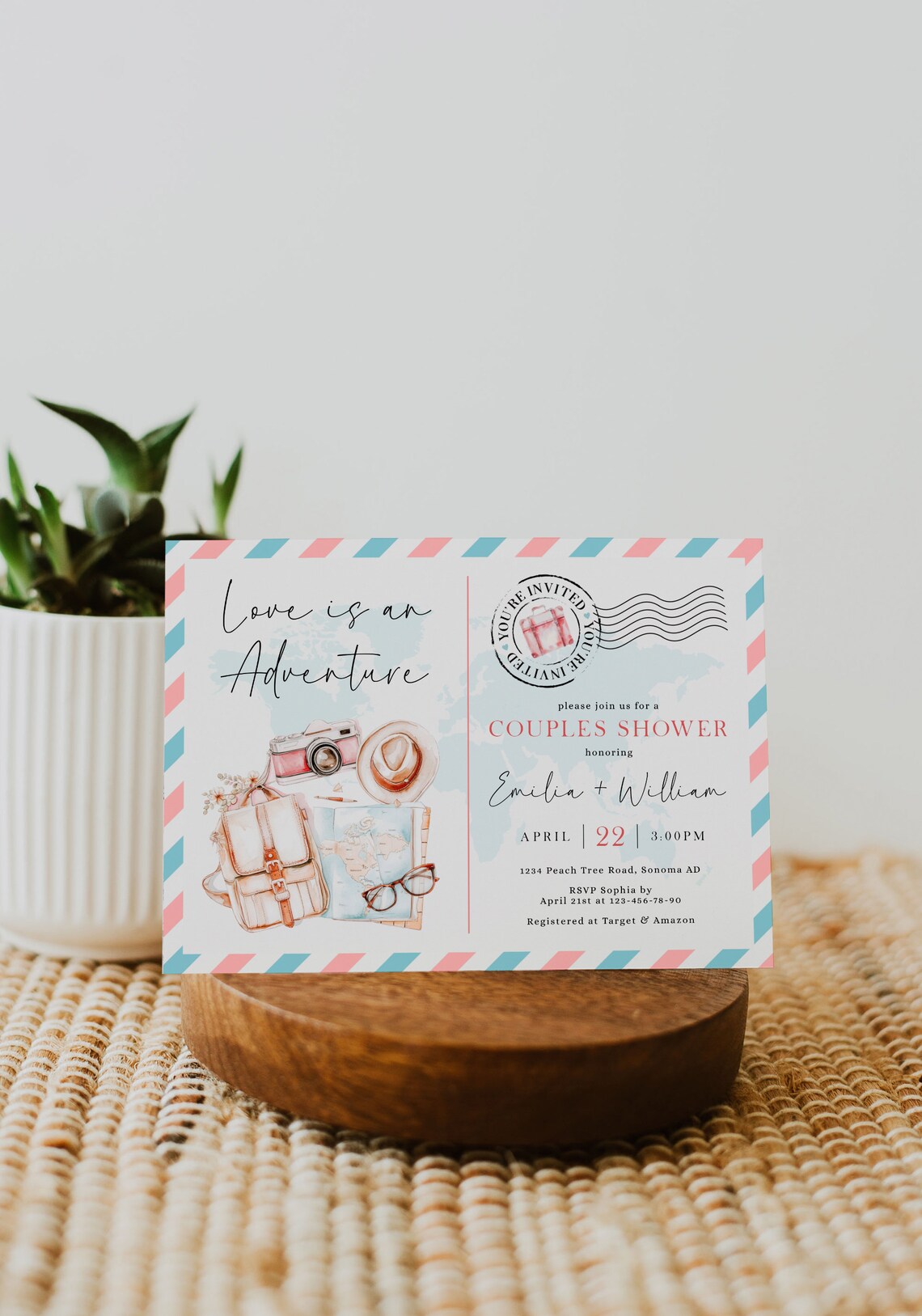 Love is an Adventure Couples Shower Invite, Travel Postcard Bridal ...