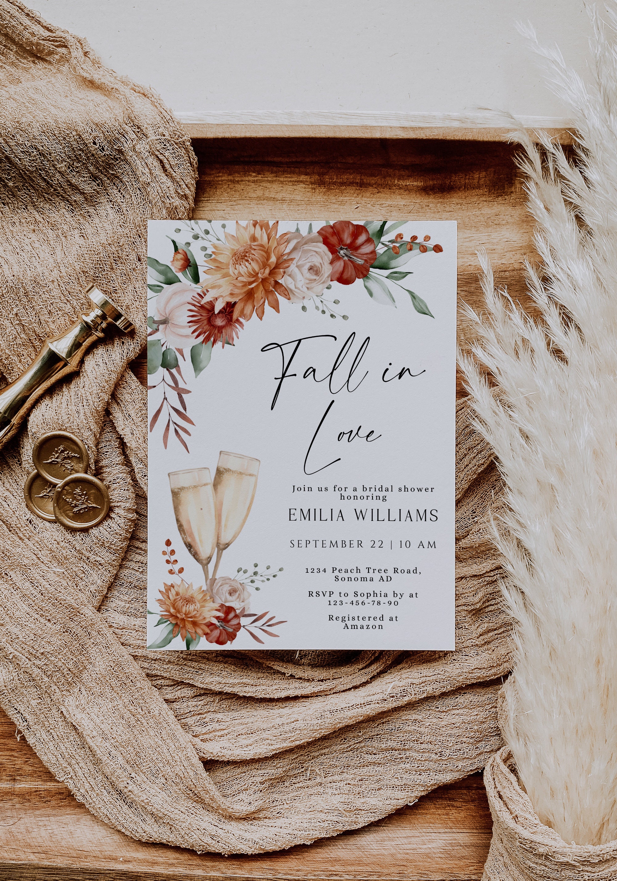 Fall in Love Bridal Shower Invitation Template, Boho Burnt Orange Rust ...