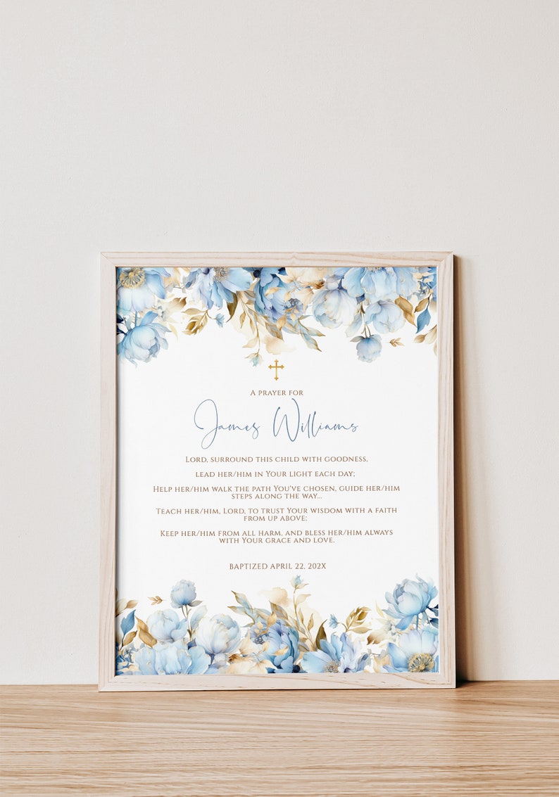 Personalized Baptism Sign Printable, Blue Watercolor Flowers Baptism ...