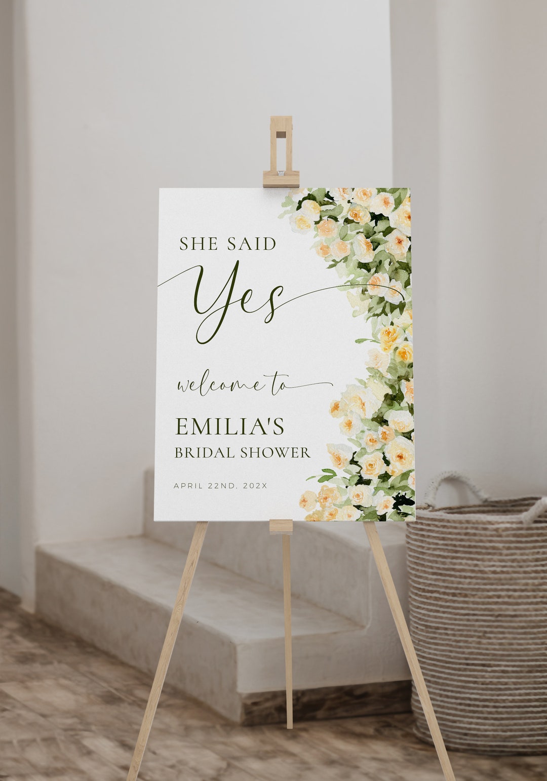 She Said Yes Bridal Shower Welcome Sign Editable, Ivory Garden Roses ...