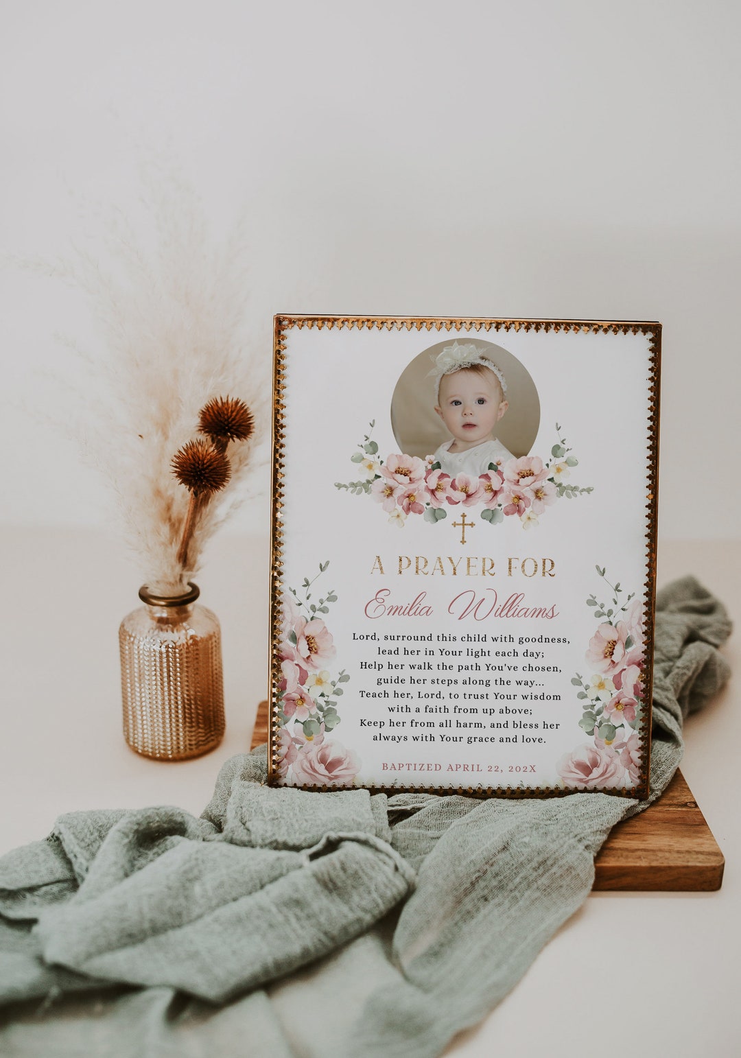 Editable Pink Floral Baptism Prayer Sign, Pink Gold Personalized ...