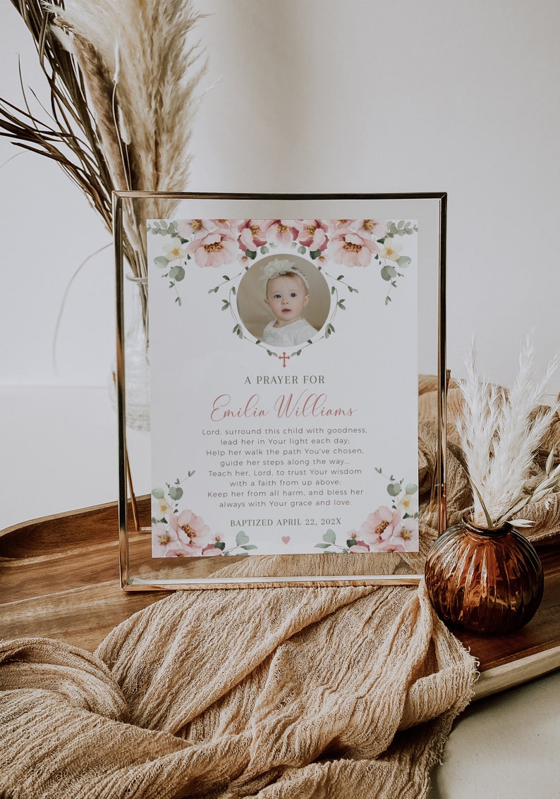 Name Baptism Girl Prayer Sign Template With Photo Baby: Boho, Blush ...