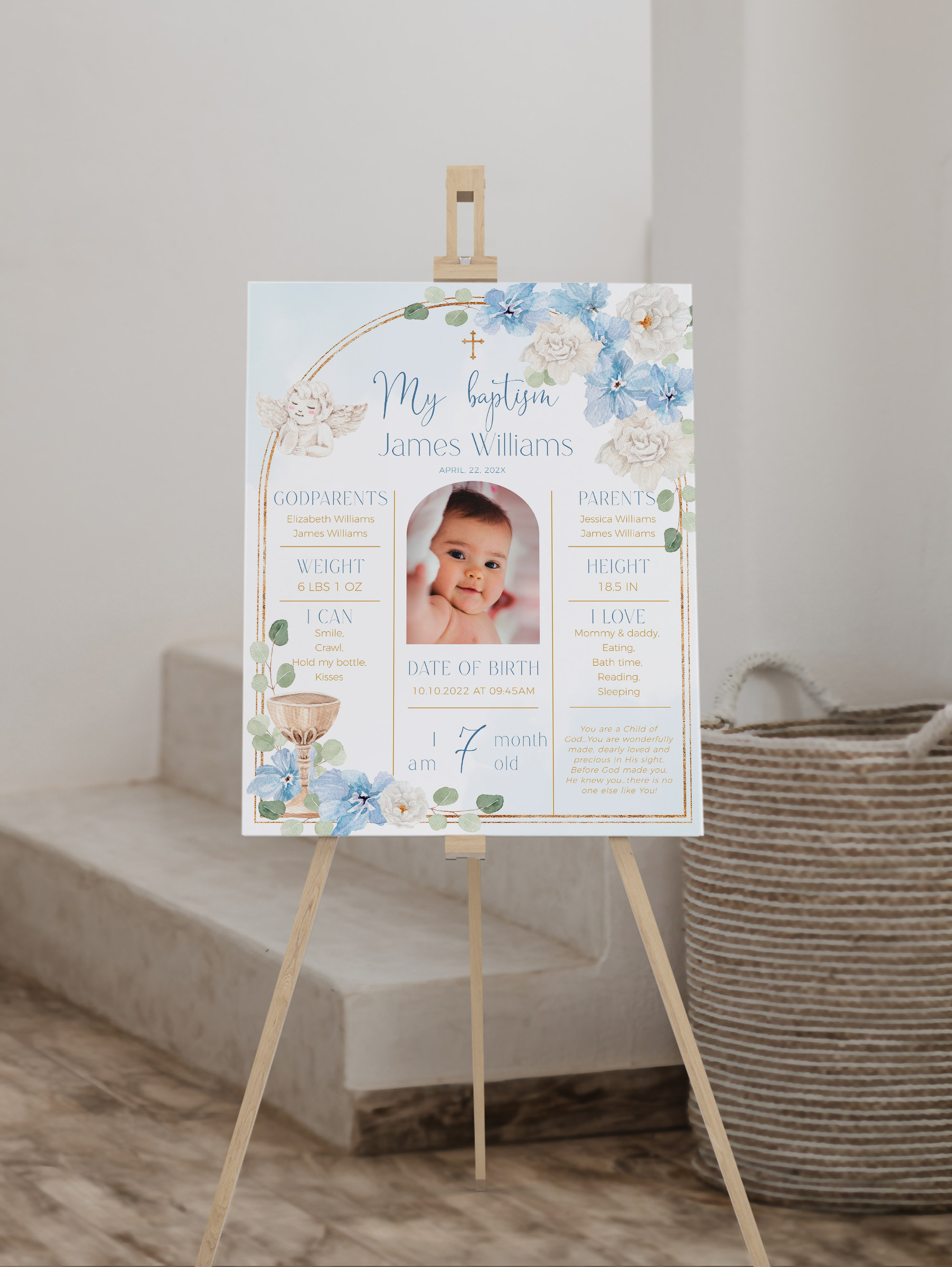 Angel Baptism Board Sign, Blue White Flowers Gold Arch Baptism ...