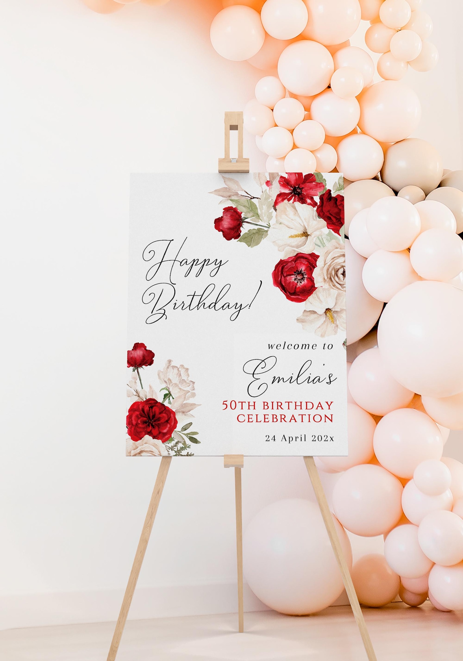 Editable 50th Birthday Welcome Sign, Adult Birthday Bright Ruby White ...