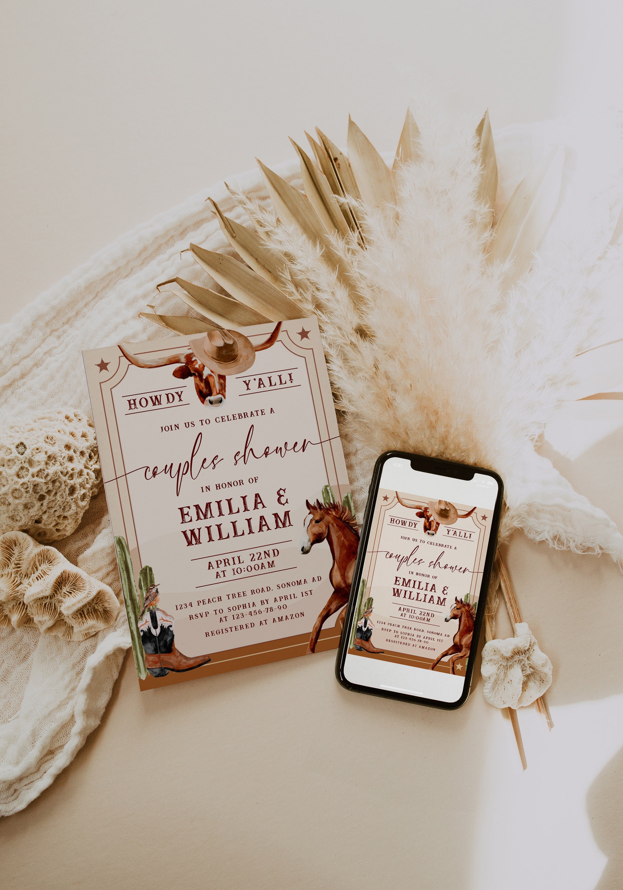 Cowgirl Boots and Hat Couples Shower Invitation Template, Country ...