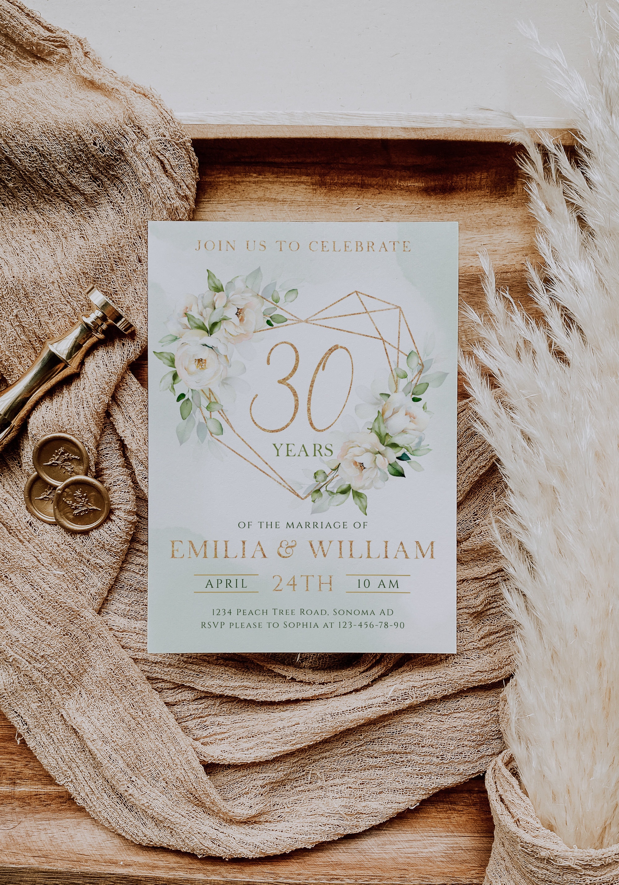 30th Wedding Anniversary Invitation Printable, Boho White Floral ...