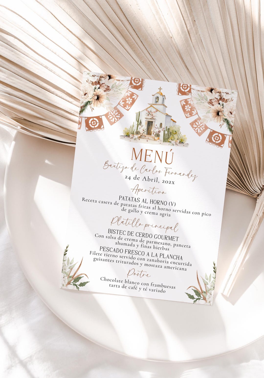 Baptism Party Menu Mexican Theme Spanish Printable, Boho Beige Floral ...