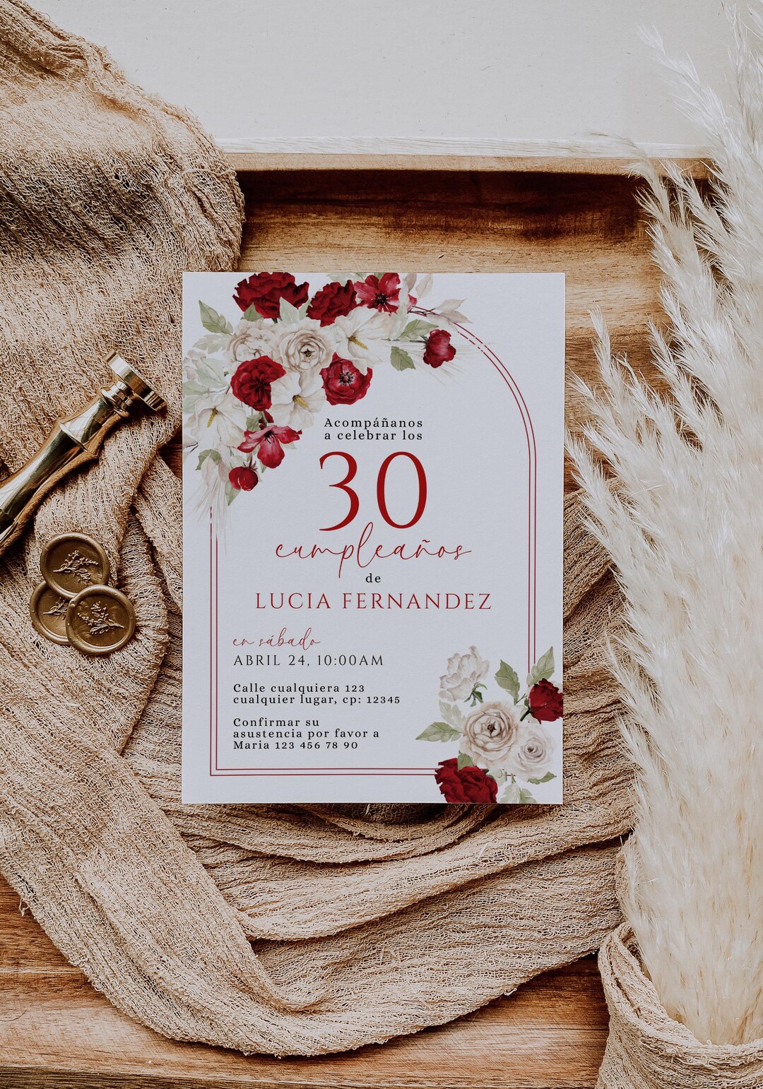 30th Birthday Party Invitation Boho Spanish Template, Ruby White ...