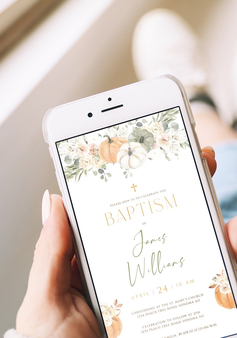 Digital Fall Baptism Invitation Template, Autumn Colored Pumpkins ...