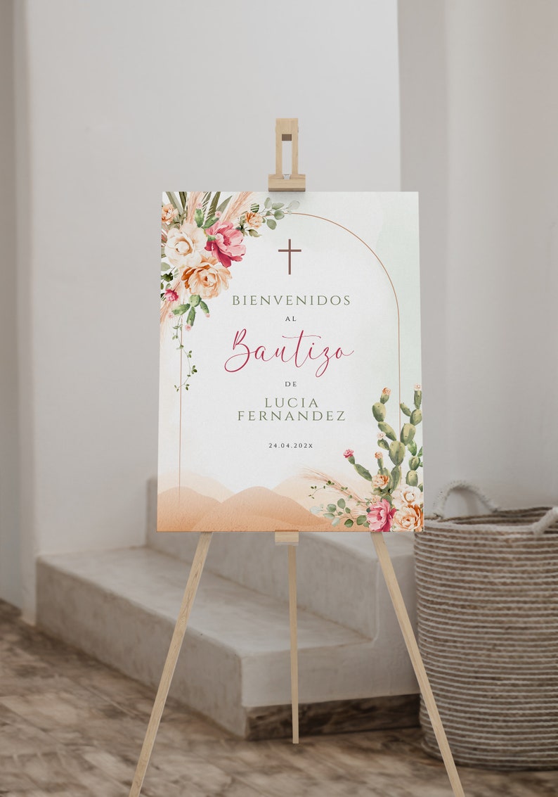 Boho Floral Baptism Girl Welcome Poster Editable in Spanish, Bienvenida ...