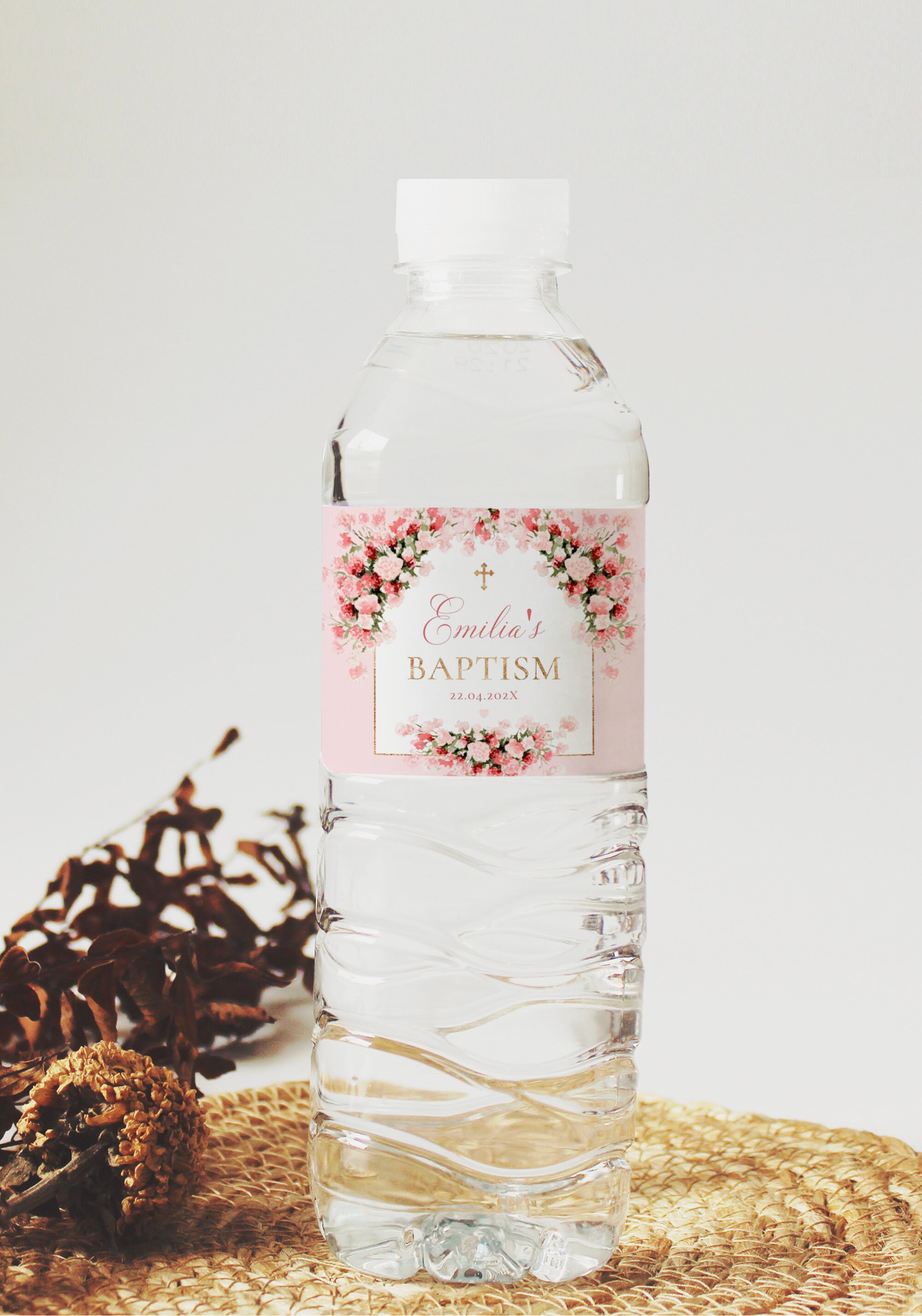 Pink Gold Baptism Water Bottle Label Template Christening - Etsy