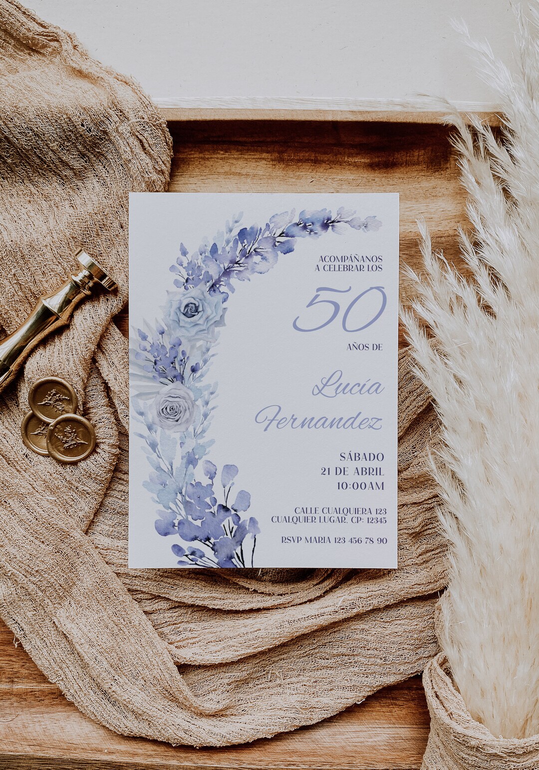 Moderna Invitación De 50 Cumpleaños En Acuarela Azul En Español, 50th Birthday Invitation ...