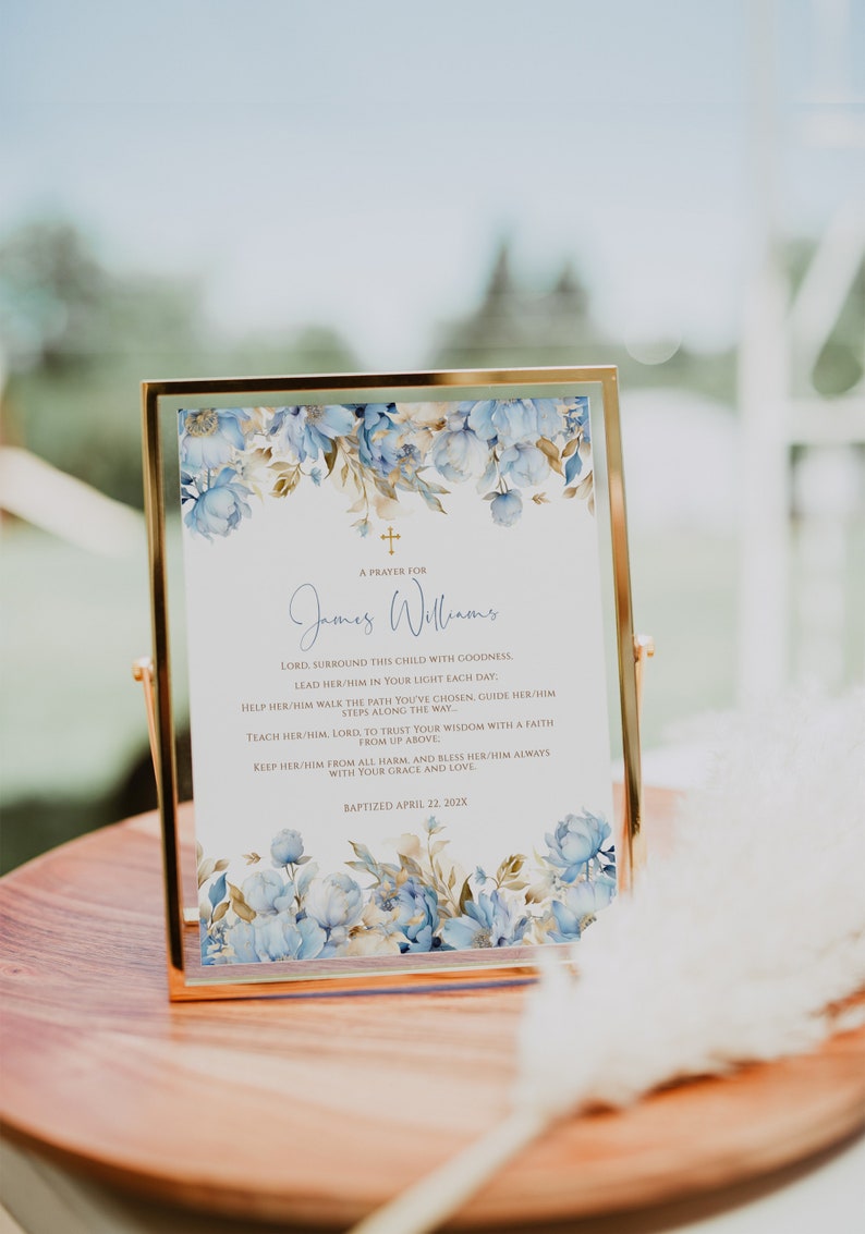 Personalized Baptism Sign Printable, Blue Watercolor Flowers Baptism ...