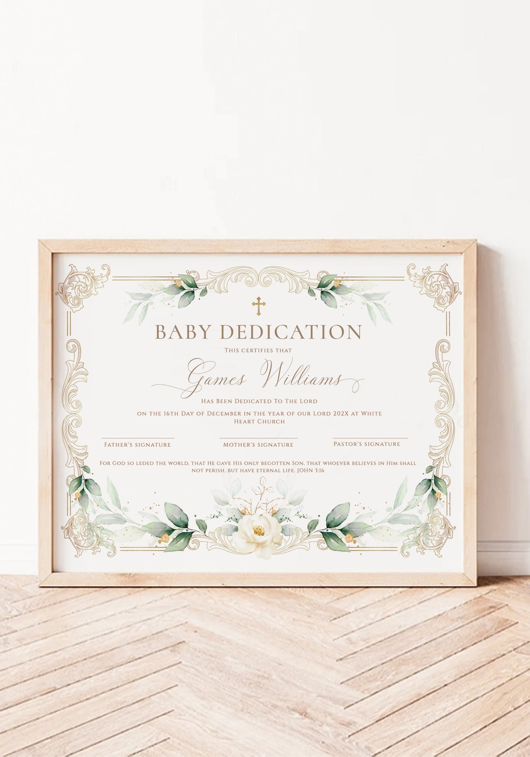 Baby Dedication Certificate Template, Neutral White Roses & Eucalyptus ...