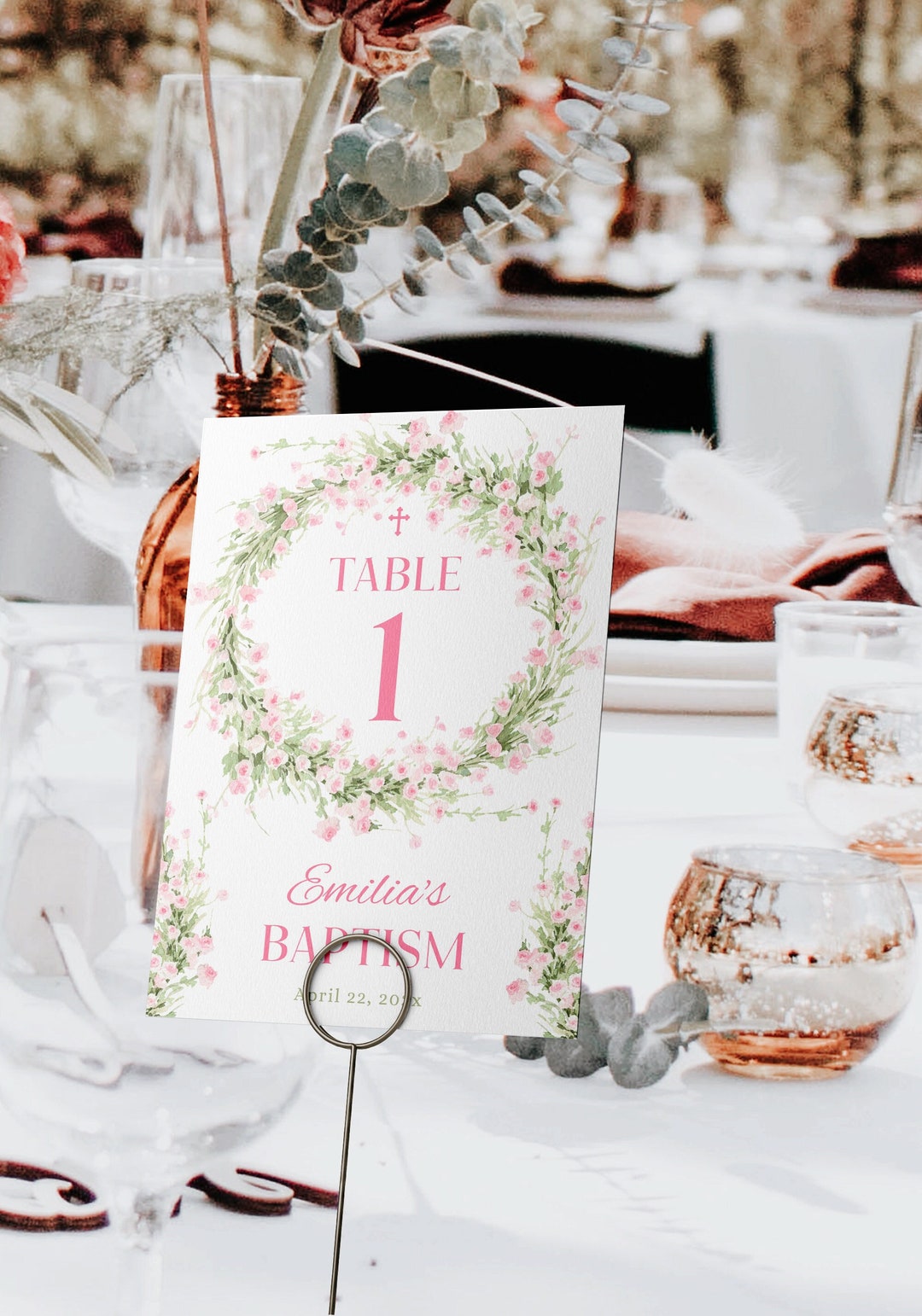 Baptism Table Numbers Decorated With Garden Pink Roses Greenery, Rustic ...
