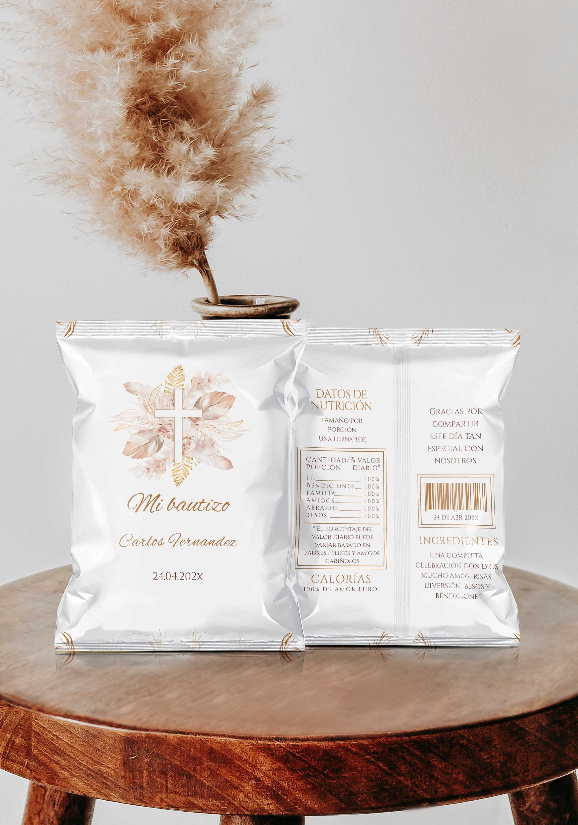Editable Bohemian Baptism Chip Bag for Boy in Spanish, Religious Cross ...
