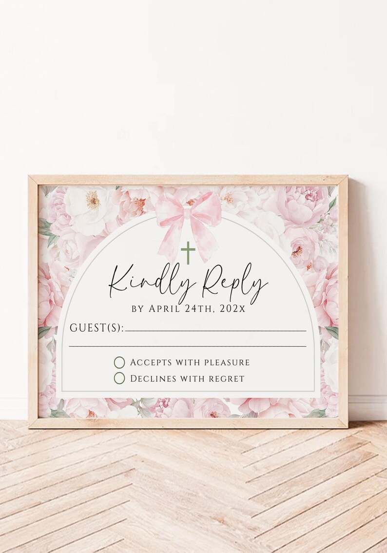 Girls Christening RSVP Card Template, Arch Boho Blush Pink Peonies ...