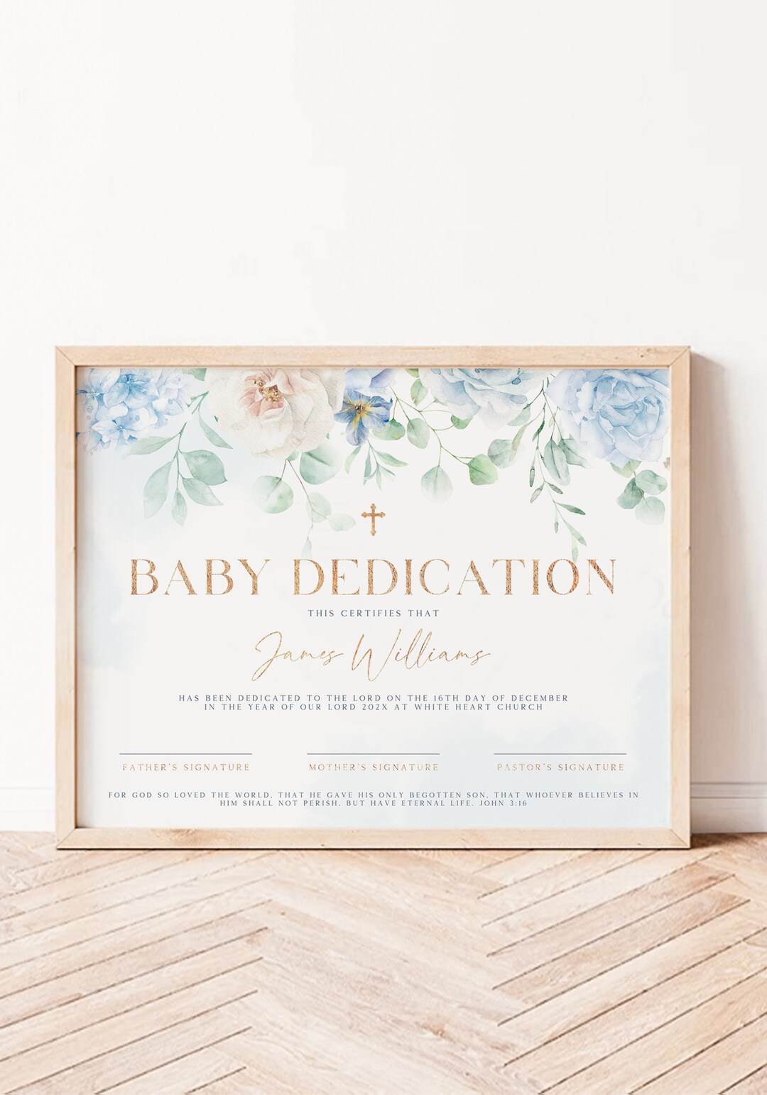 Watercolor Blue Pink Roses Gift Christening Dedication, Baby Dedication ...