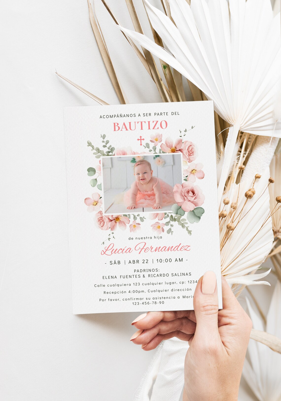 Invitación Floral Rosa Polvorienta Bautizo Niña Español Plantilla ...