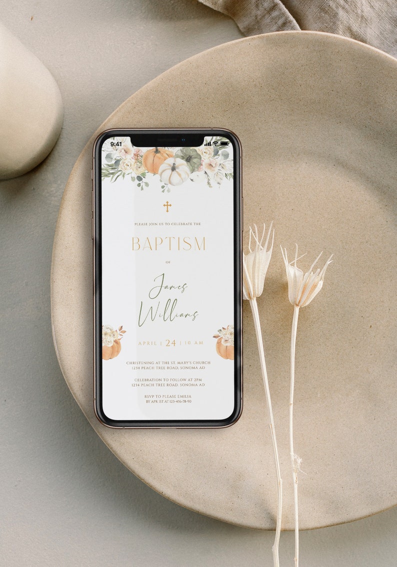 Digital Fall Baptism Invitation Template, Autumn Colored Pumpkins ...