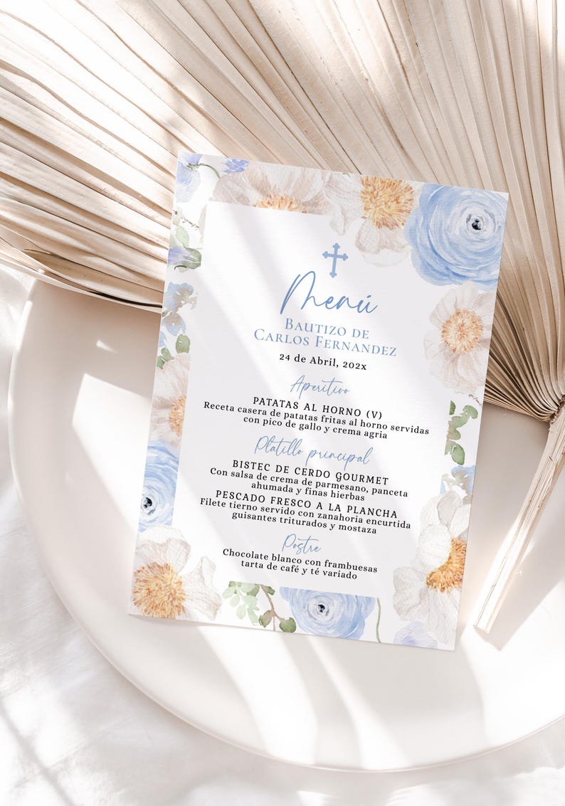 Baptism Boy Menu Card Editable Spanish: Watercolor Colorful Floral ...