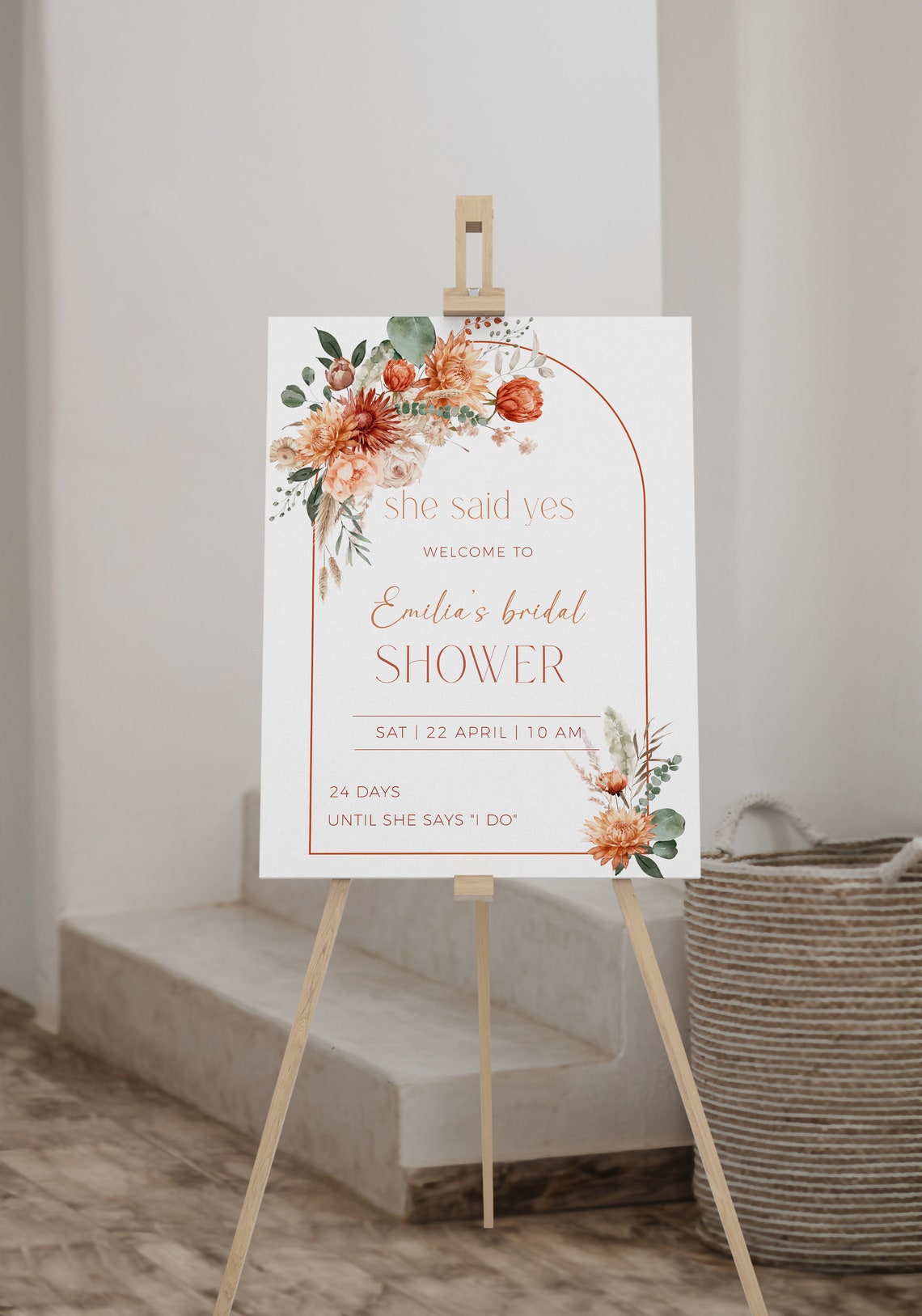 Fall Bridal Shower Welcome Sign Template, Boho Burnt Orange Floral ...